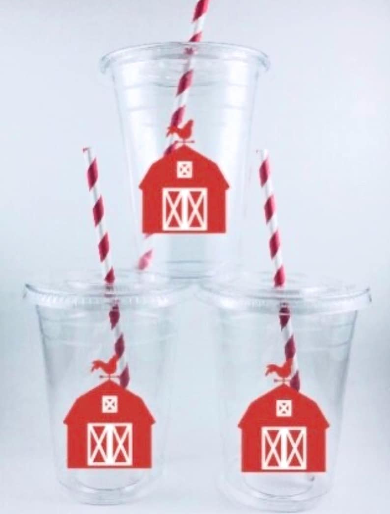 Red Barn PARTY CUPS Farm Birthday With Lids Straws Personalized ...
