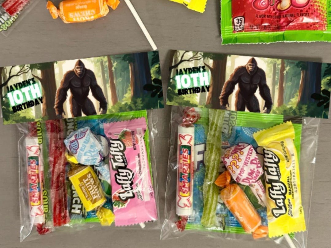 Bigfoot Party Favor Packs Personalized Candy Toppers Birthday Ready to ...