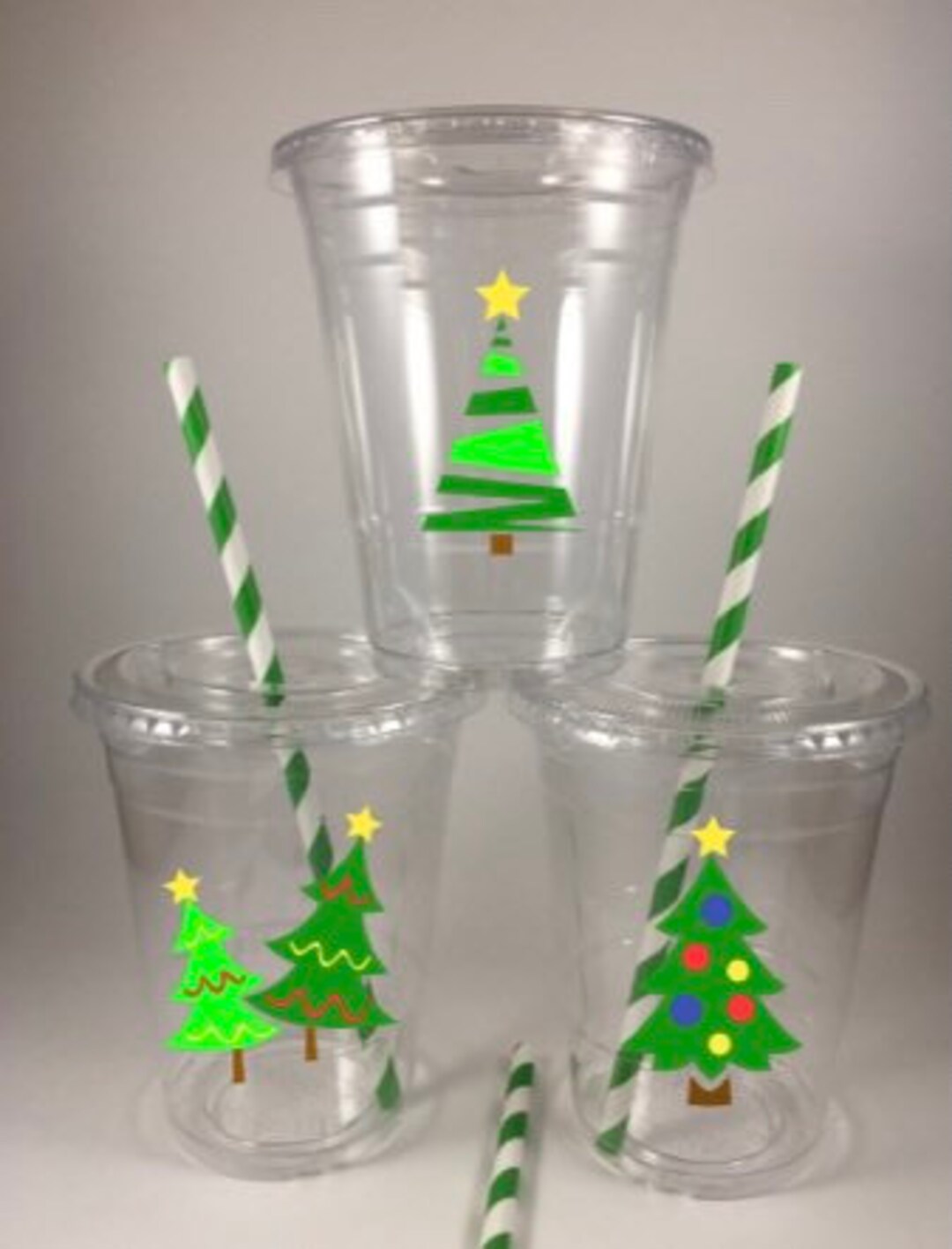 Christmas Tree Party Cups Kids Table Cup Lids/straws Disposable Trees ...