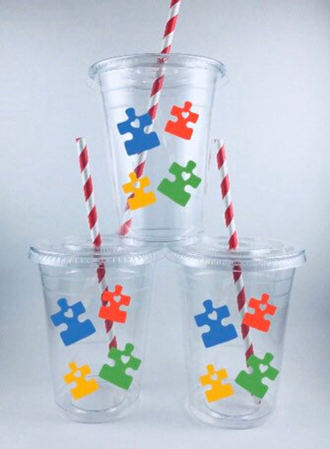 Autism Cups Awareness Event Puzzle Pieces WITH Lids Straws DISPOSABLE ...