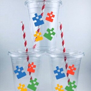Autism Cups Awareness Event Puzzle Pieces WITH Lids Straws DISPOSABLE ...