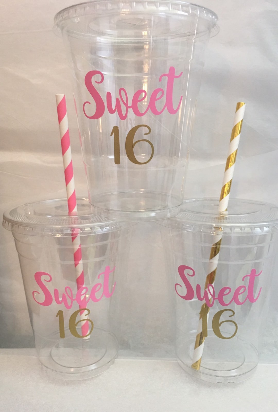 Sweet Sixteen 16 PARTY CUPS Pink Gold Birthday With Lids Straws ...