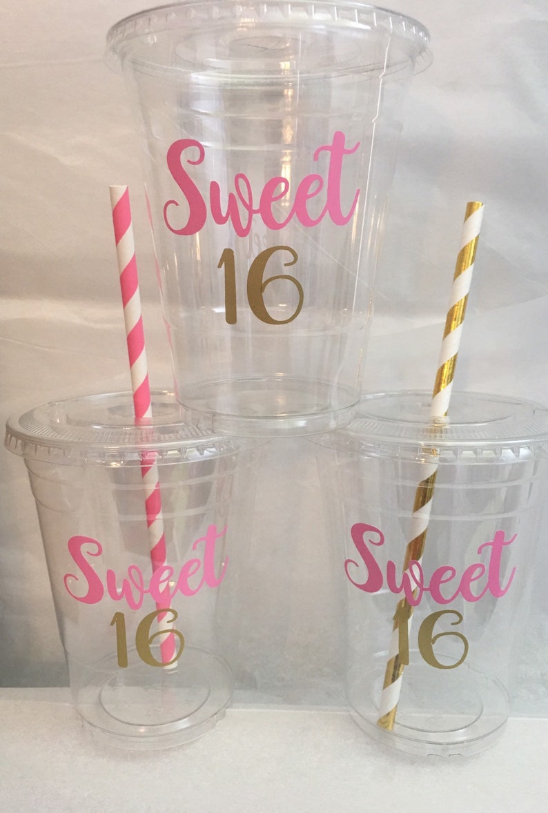 Sweet Sixteen 16 PARTY CUPS Pink Gold Birthday With Lids | Etsy