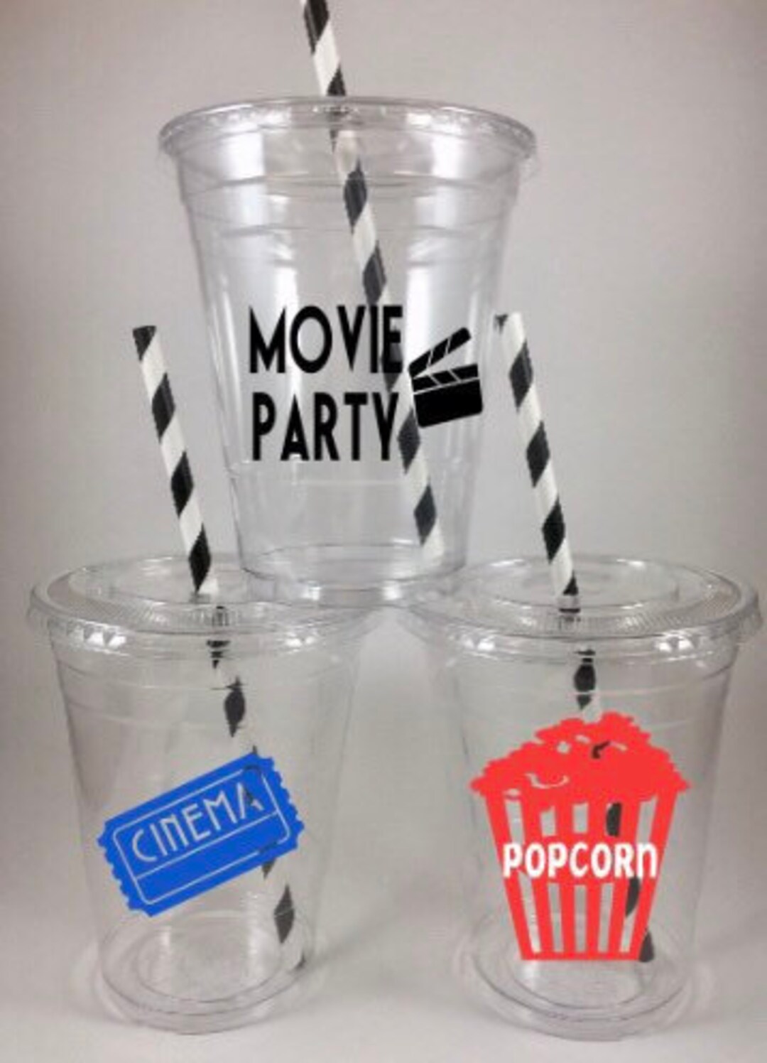 Movie Night Party Cups Disposable With Lids Straws Decorations Custom ...
