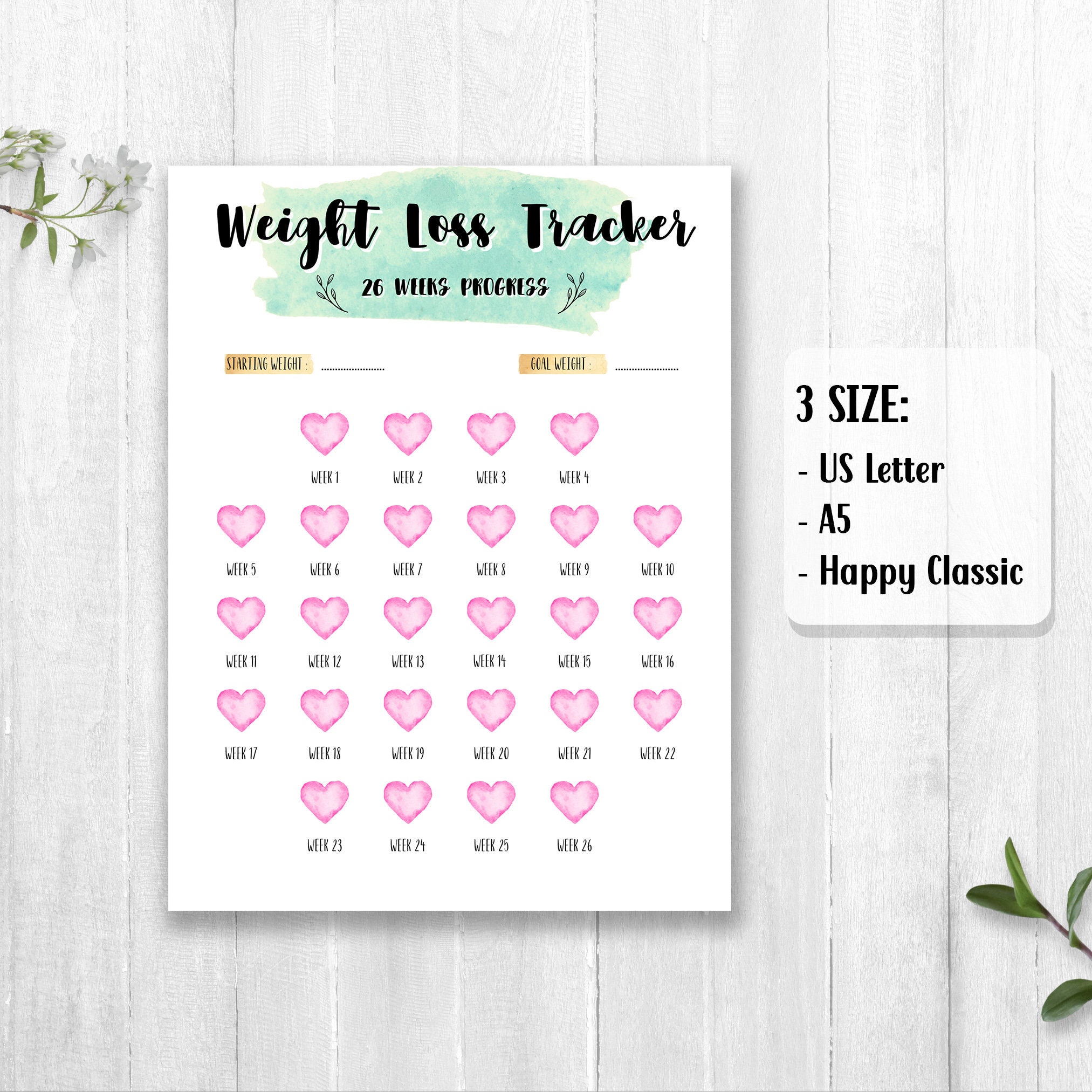 Printable Weight Loss Tracker, Weekly Weight Tracker, Measurement ...