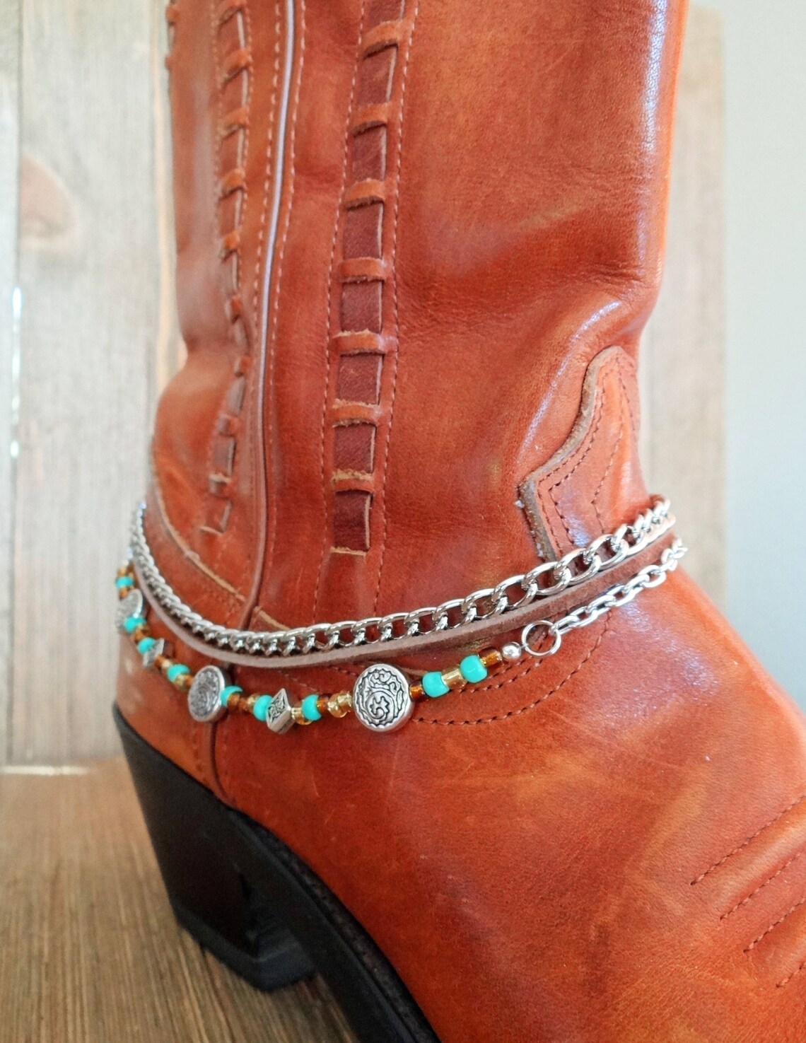 Beaded chain and leather boot jewelry Silver concho multi | Etsy