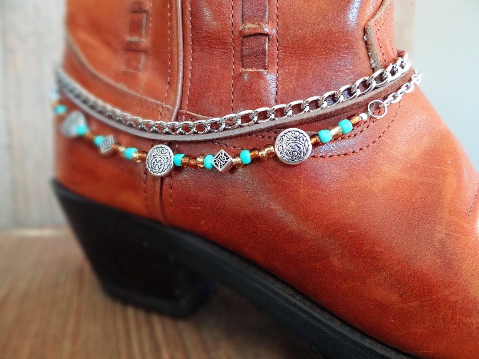 Beaded chain and leather boot jewelry Silver concho multi | Etsy