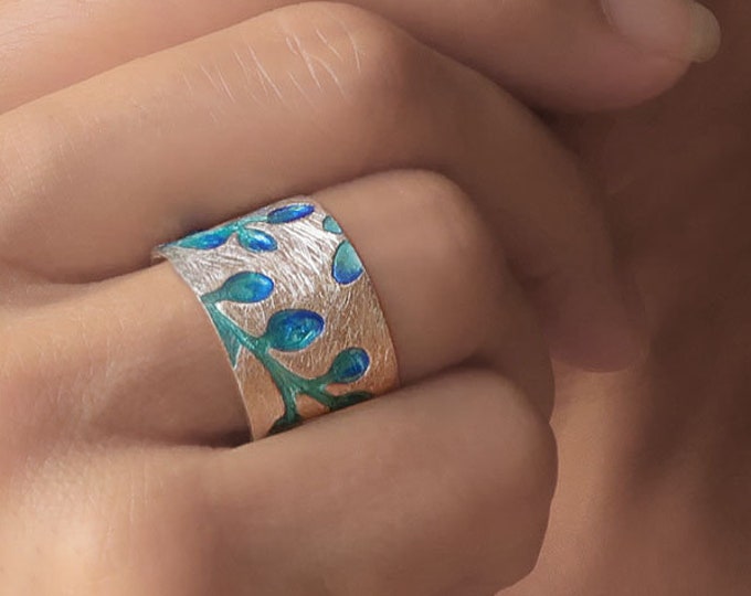Silver Enamel Band Ring, Blue Enamel Jewelry Design, Sterling Silver ...
