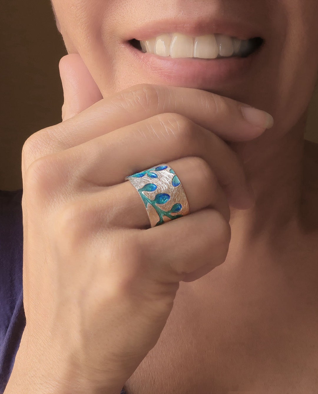 Silver Enamel Band Ring, Blue Enamel Jewelry Design, Sterling Silver ...