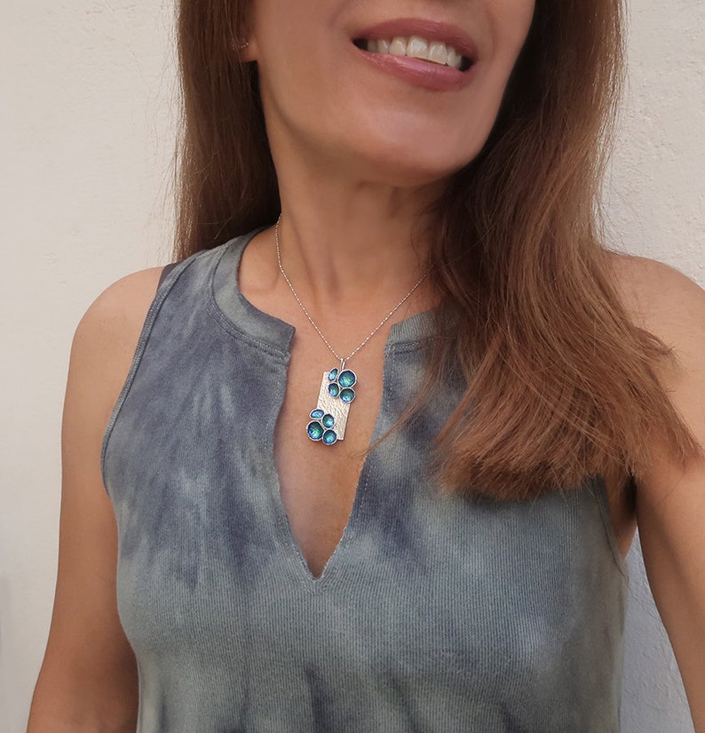 Silver Rectangle Pendant Necklace for Her With Enamel, Contemporary ...