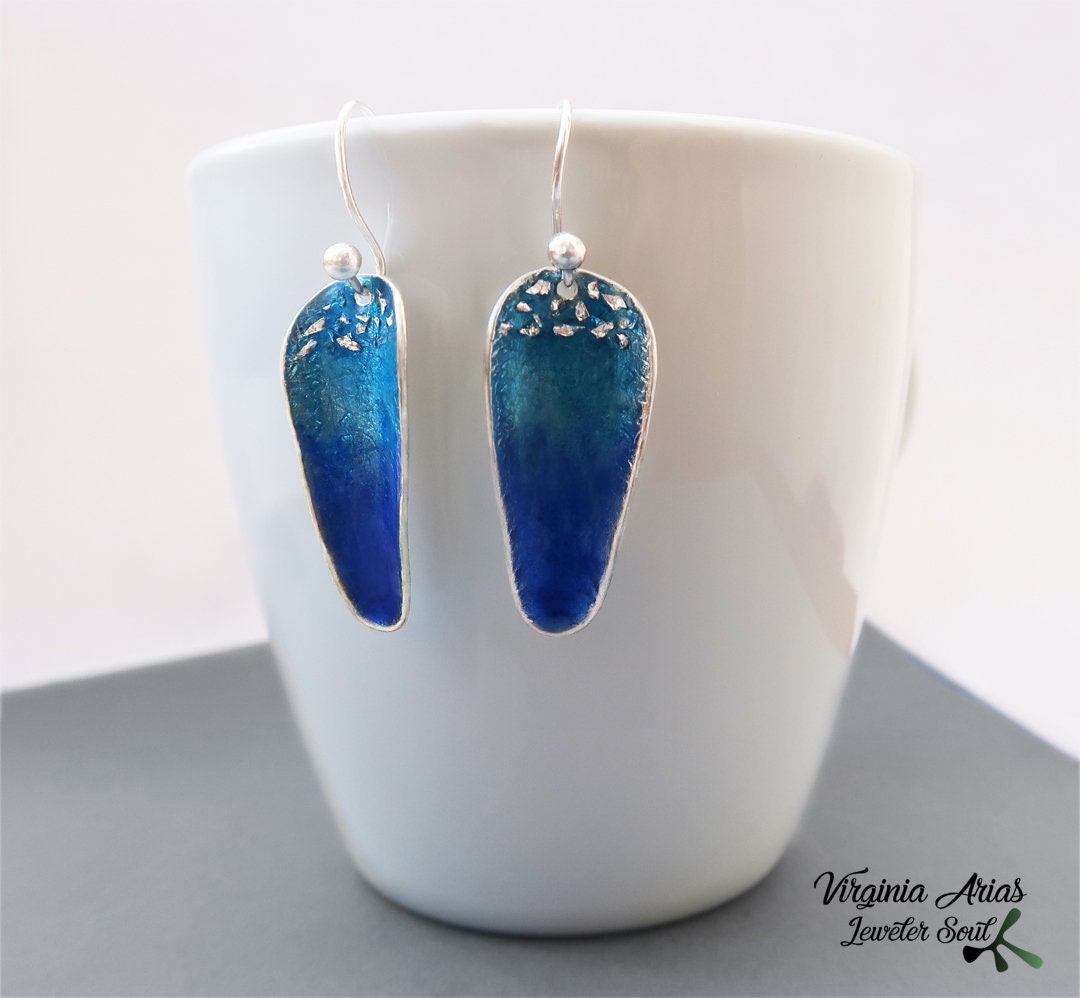 Ocean Blue Dangle Earrings, Enamel Jewelry Long Blue Earrings - Etsy