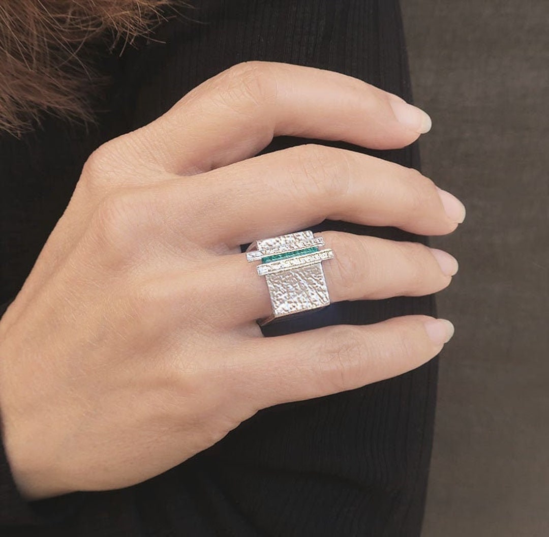 Textured Silver Square Ring With Enamel, Modern Silver Band Ring ...