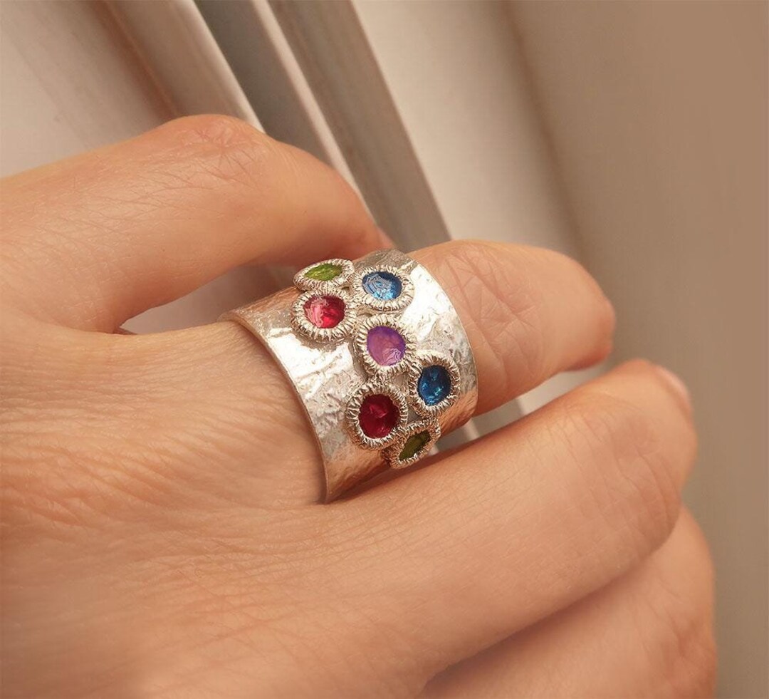 Colorful Circles Ring Sterling Silver Band Handmade, Modern Silver Ring ...