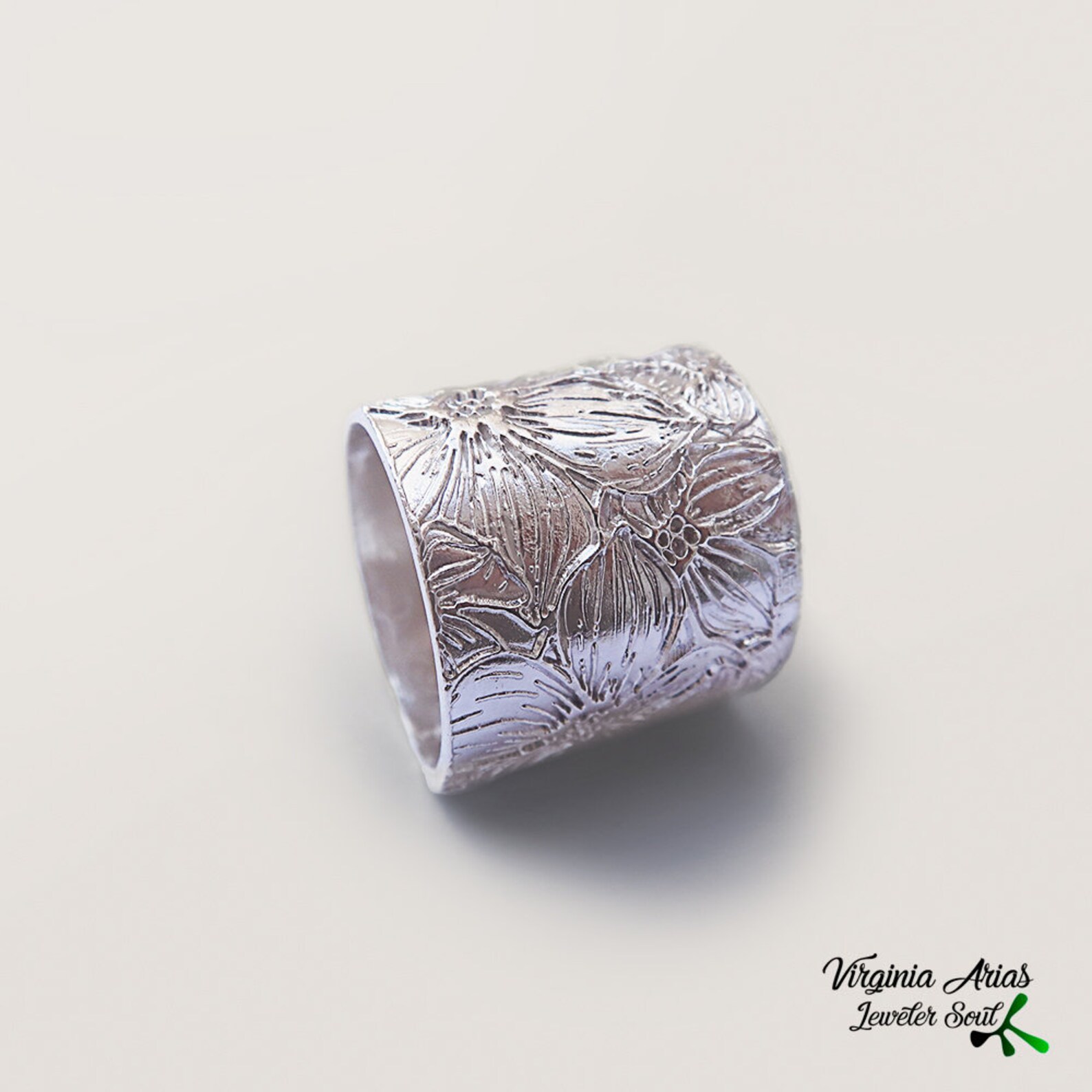 Flowers Band Ring, Silver Wide Band Ring With Flowers Texture Modern ...