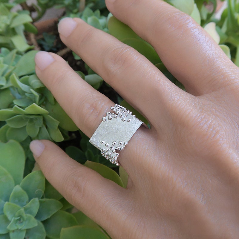 Silver Square Ring, Contemporary Ring Sterling Silver With Granulation ...