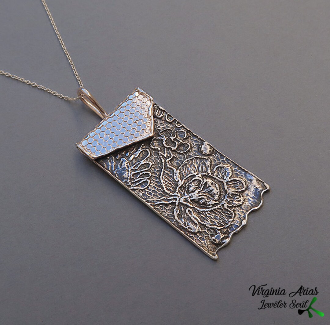 Silver Lace Pendant Necklace, Handmade Lace Jewelry, Oxidized Silver ...