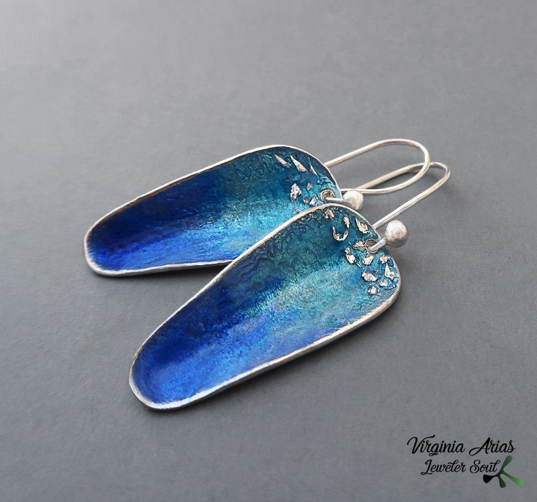 Ocean Blue Dangle Earrings, Enamel Jewelry Long Blue Earrings - Etsy