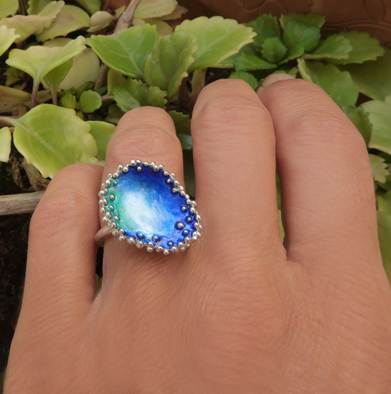 Blue Shadows Ring Sterling Silver, Enamel Jewelry, Blue Ring Gift for ...