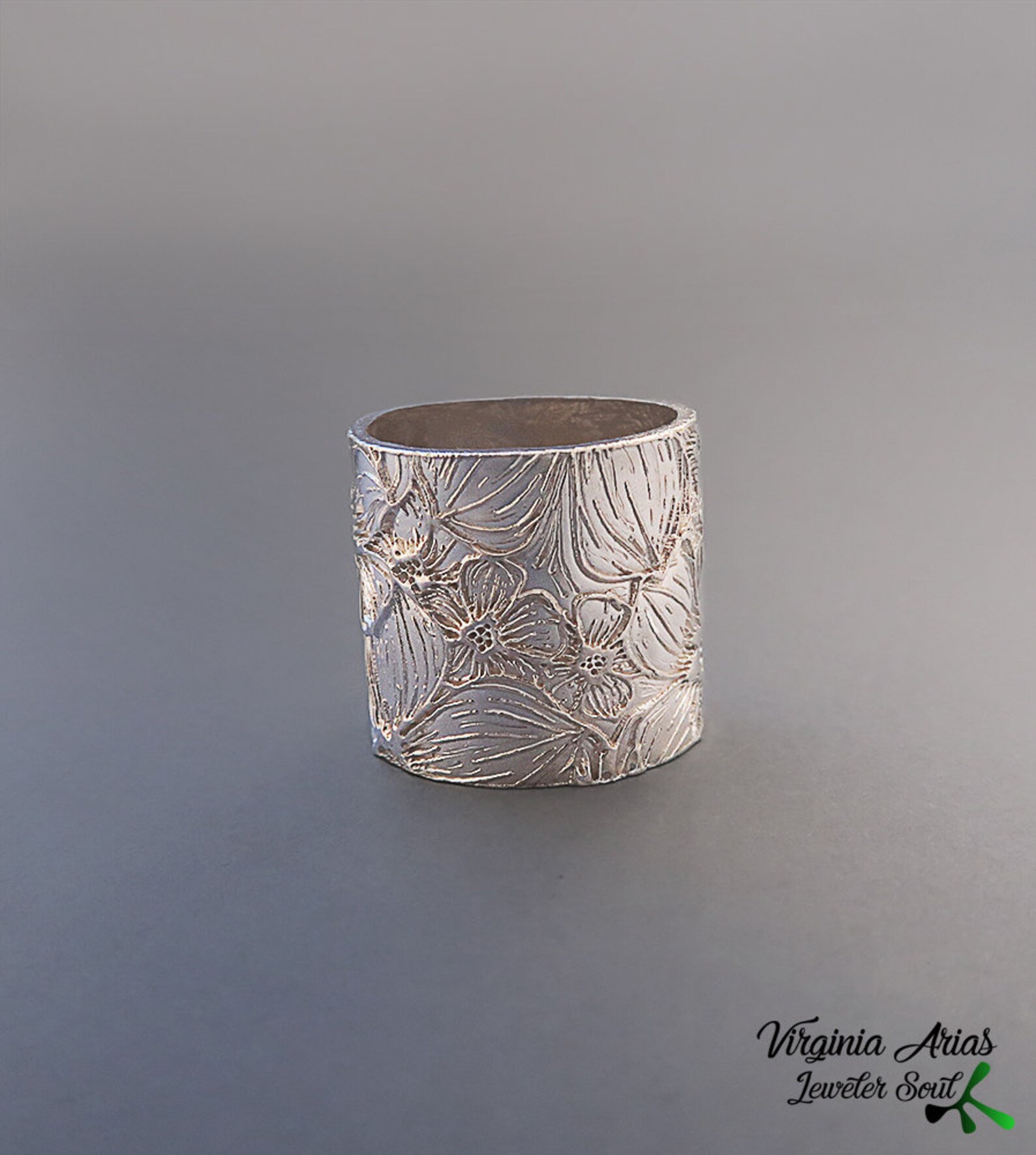Flowers Band Ring, Silver Wide Band Ring With Flowers Texture Modern ...
