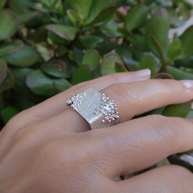 Silver Square Ring, Contemporary Ring Sterling Silver With Granulation ...