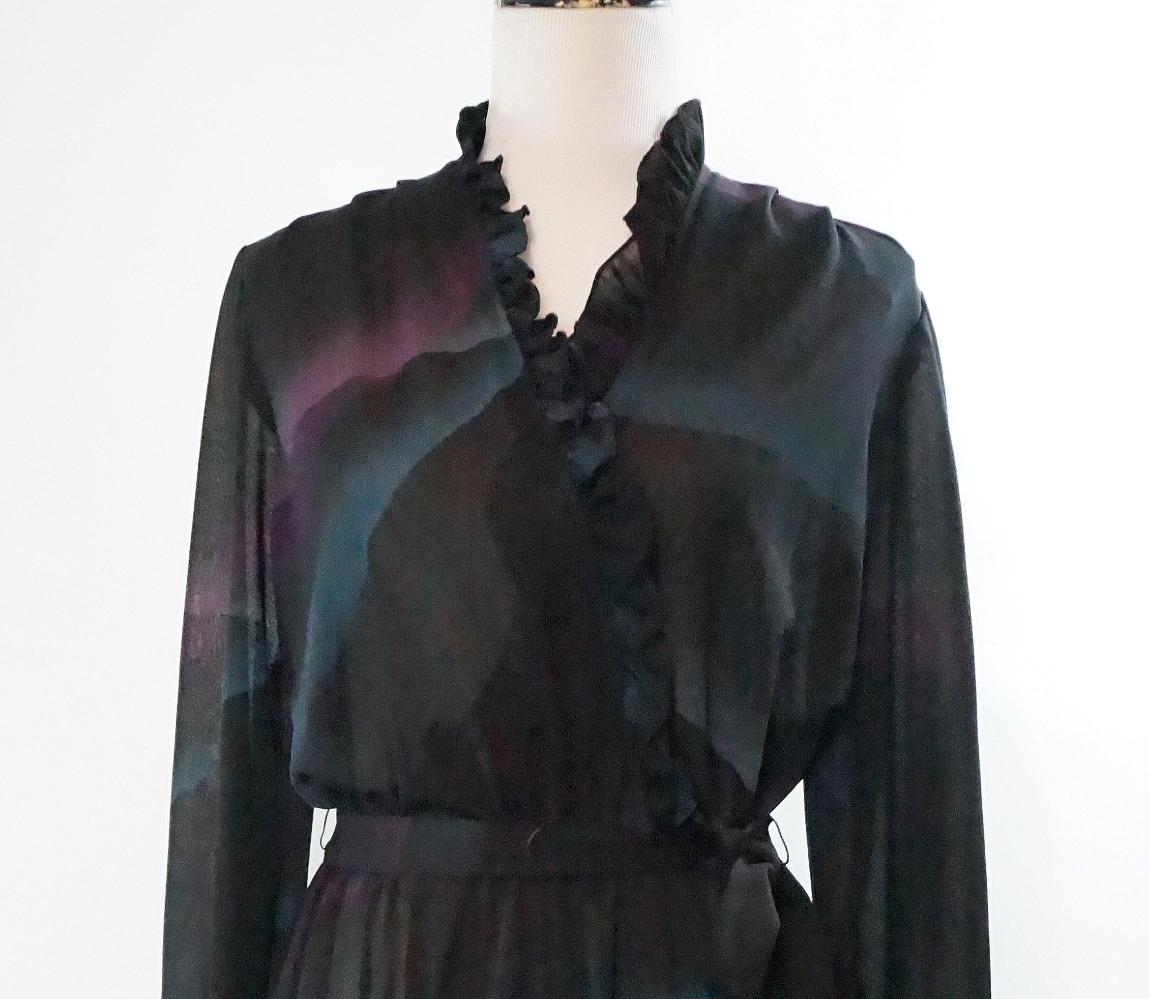 Vintage 70s Dress, Ruffle Collar, Abstract Print, Faux Wrap, Elastic ...