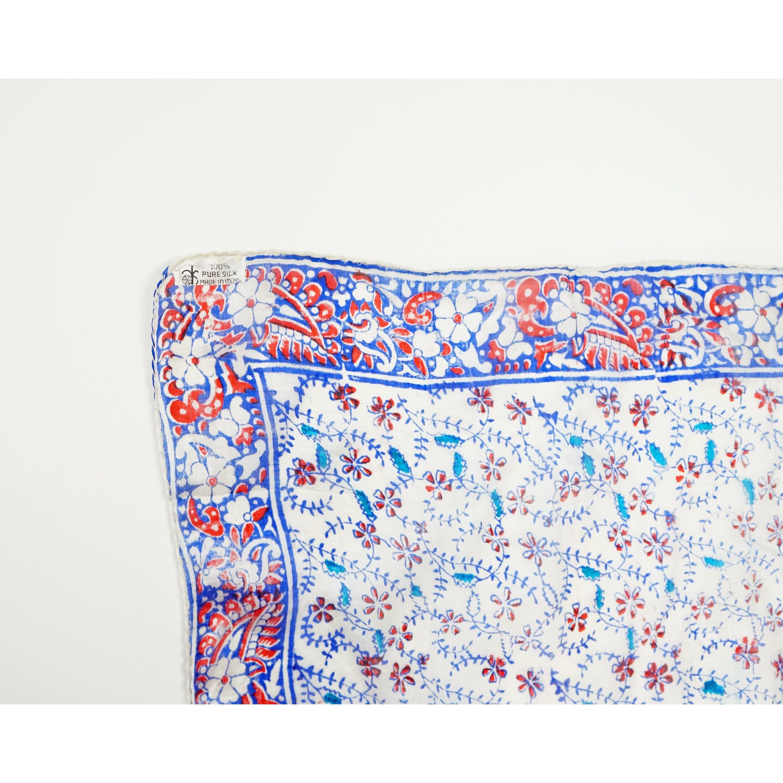 Vintage Silk Scarf, Block Print, Floral, India, Red Blue, Square ...