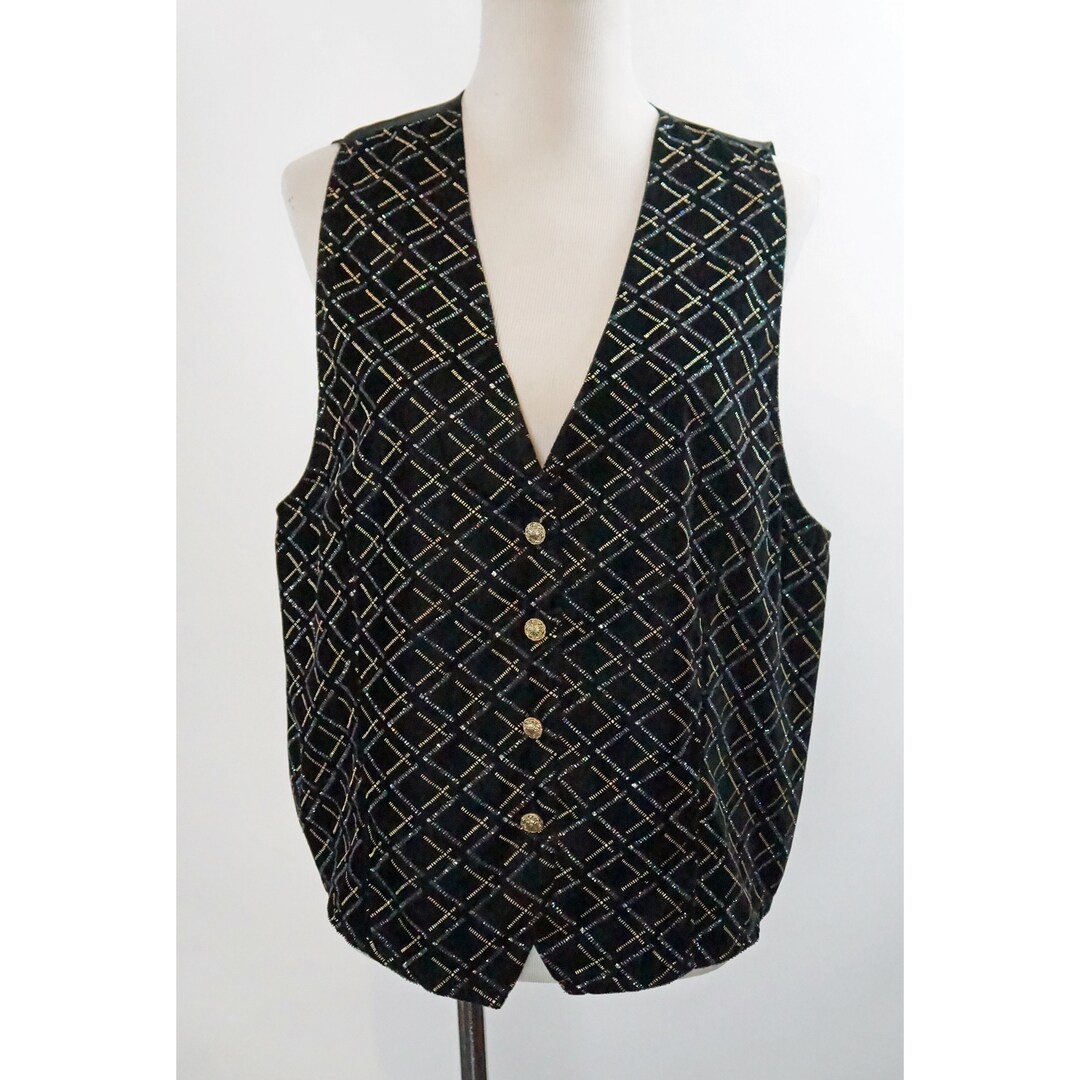 Vintage Velvet Glitter Vest, Gold Sparkle, Adjustable Tie Back, Buttons ...
