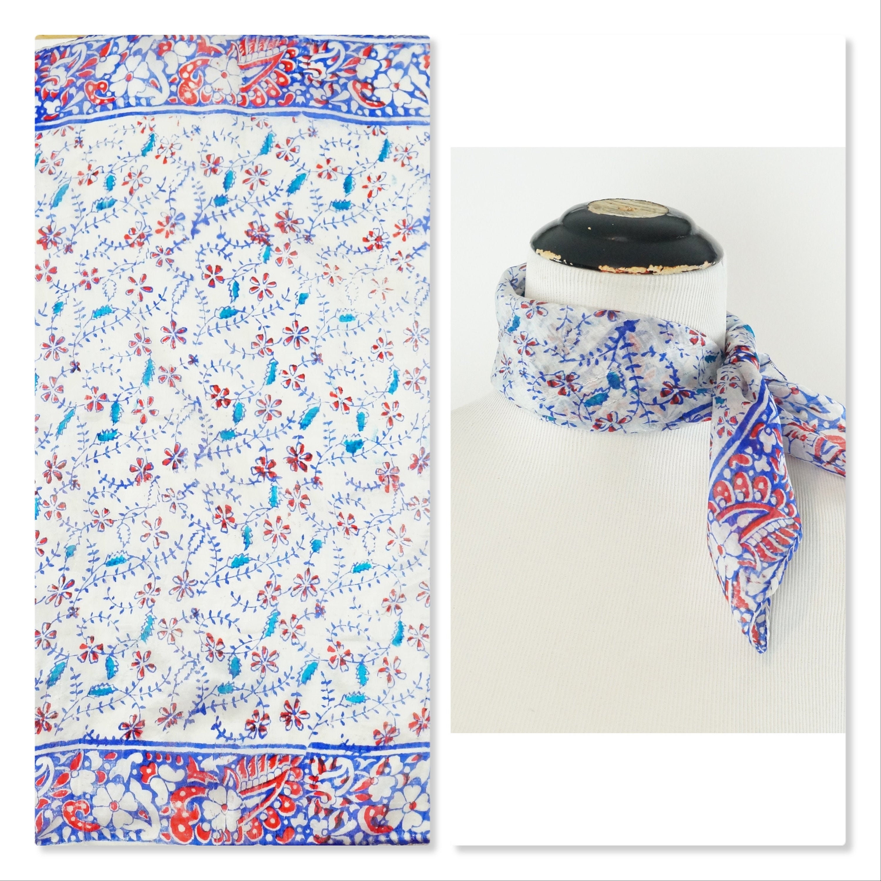 Vintage Silk Scarf, Block Print, Floral, India, Red Blue, Square ...