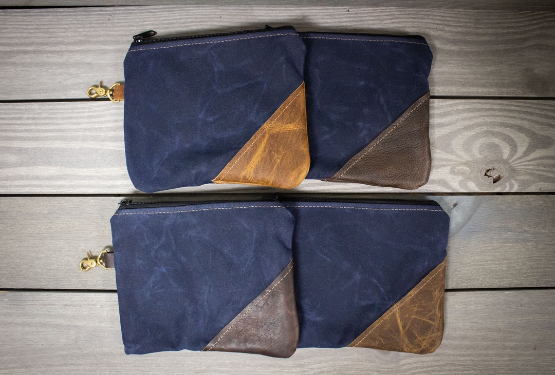 Navy Waxed Canvas and Leather Valuables Pouch, Cowhide, Bison Leather ...