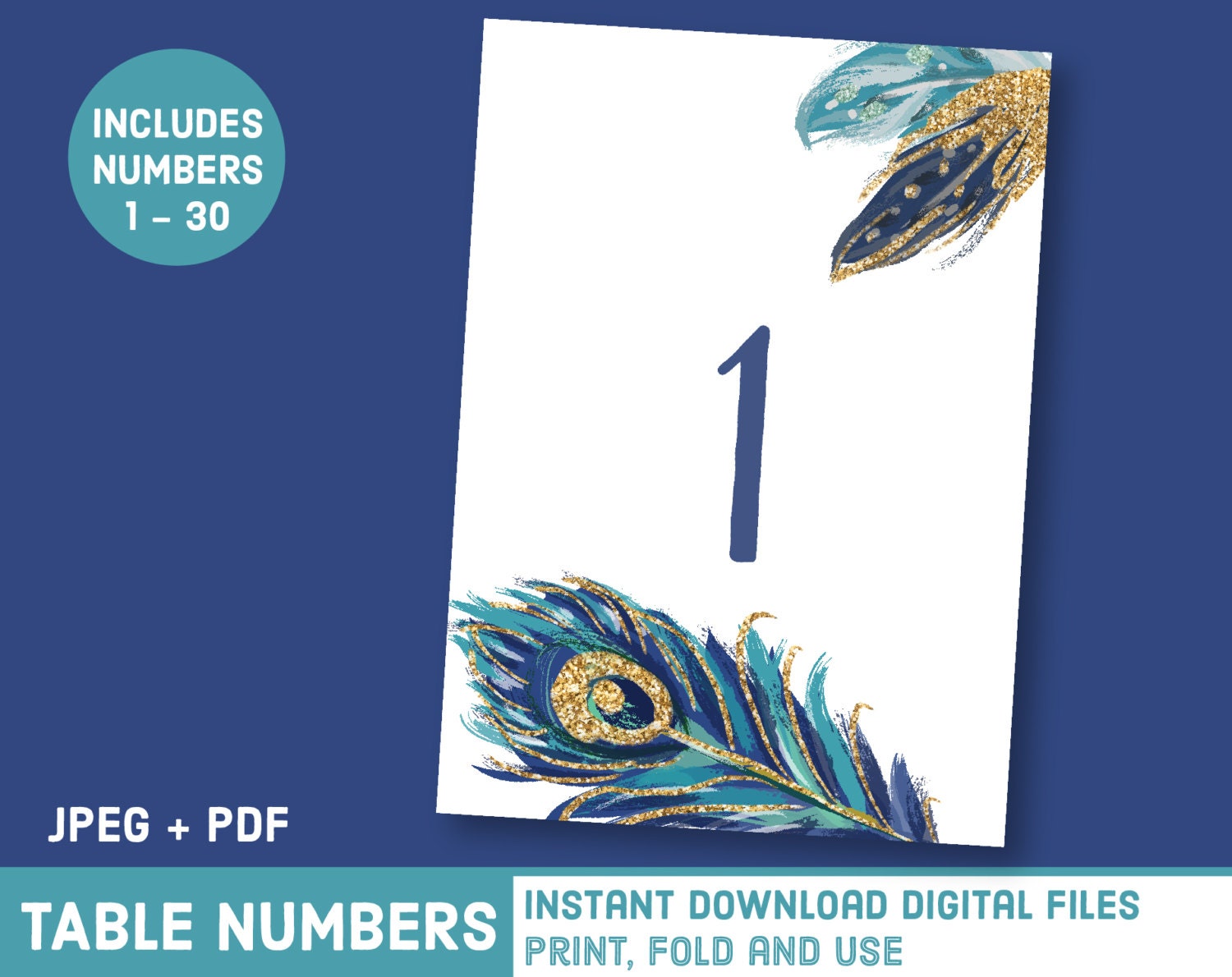 Printable Peacock Feather Wedding Table Numbers - Glitter Plume Party ...