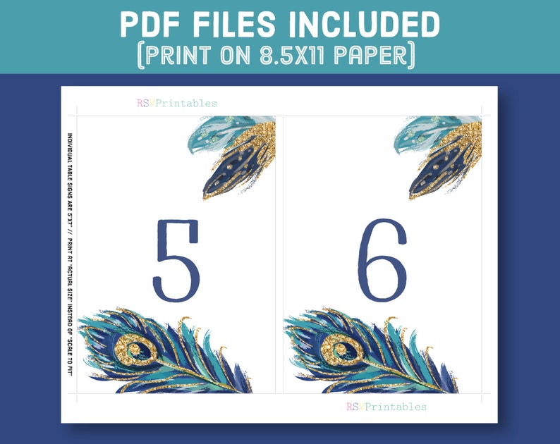 Printable Peacock Feather Wedding Table Numbers - Glitter Plume Party ...