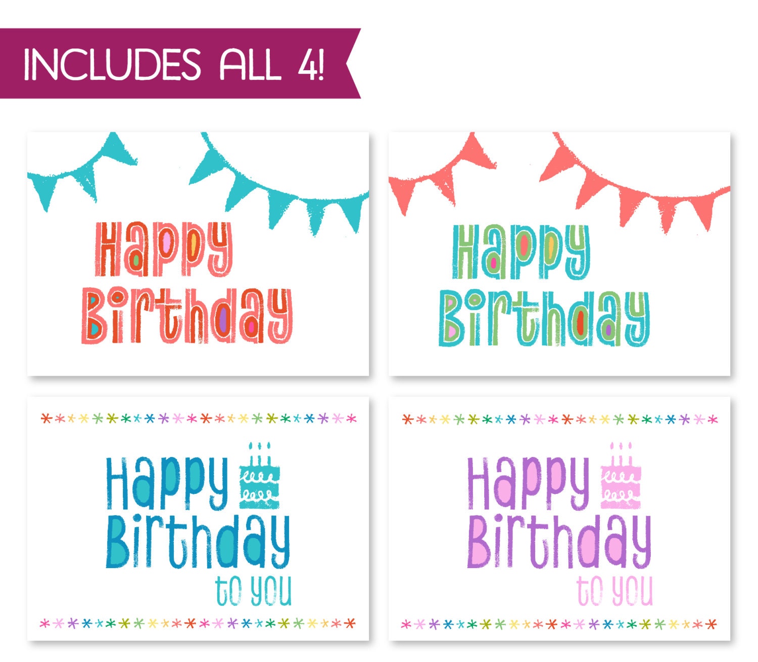 Happy Birthday Printable Greeting Card Bundle, Childrens Birthday Cards ...