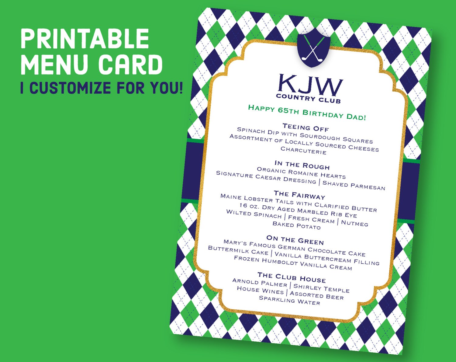 Customized Printable Golf Country Club Menu Card - Custom 60th Birthday ...