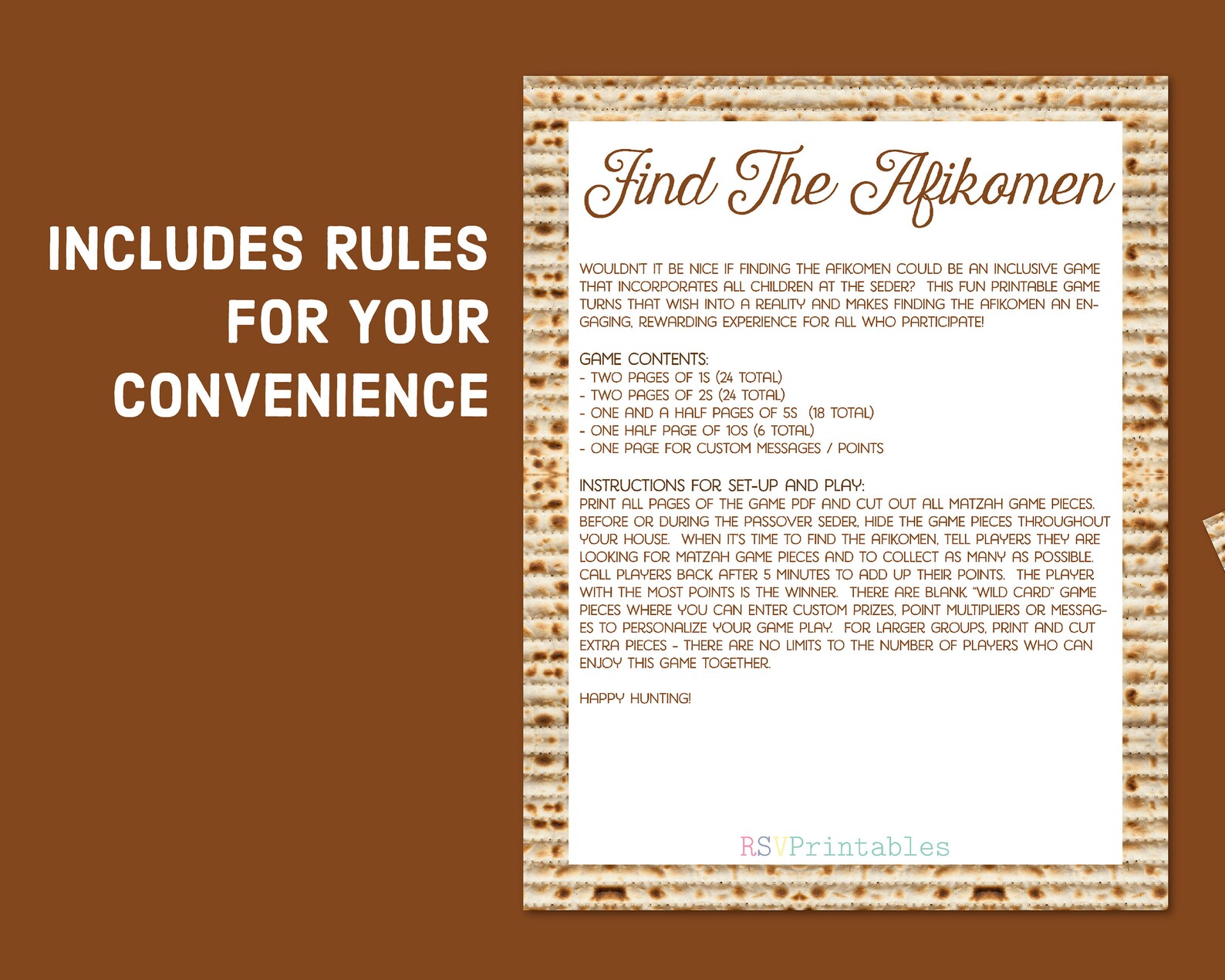 Printable Passover Find the Afikomen Game for Kids DIY Matzo Children ...