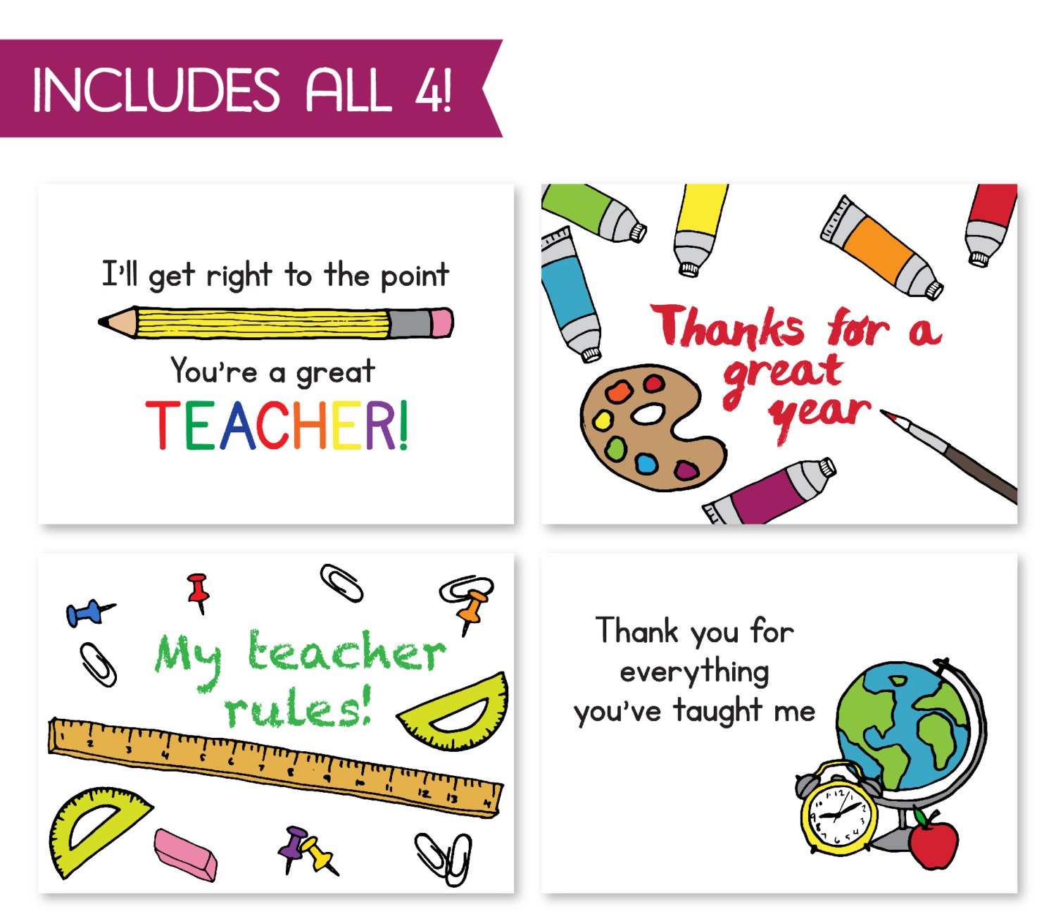 School Teacher Printable Card Bundle, Instant Download Teacher ...