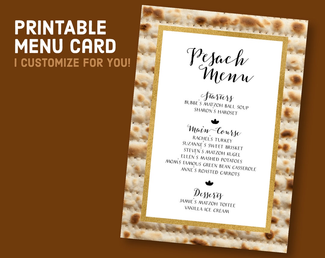 Customized Printable Passover Pesach Menu - Custom Matzah Matzoh Seder ...