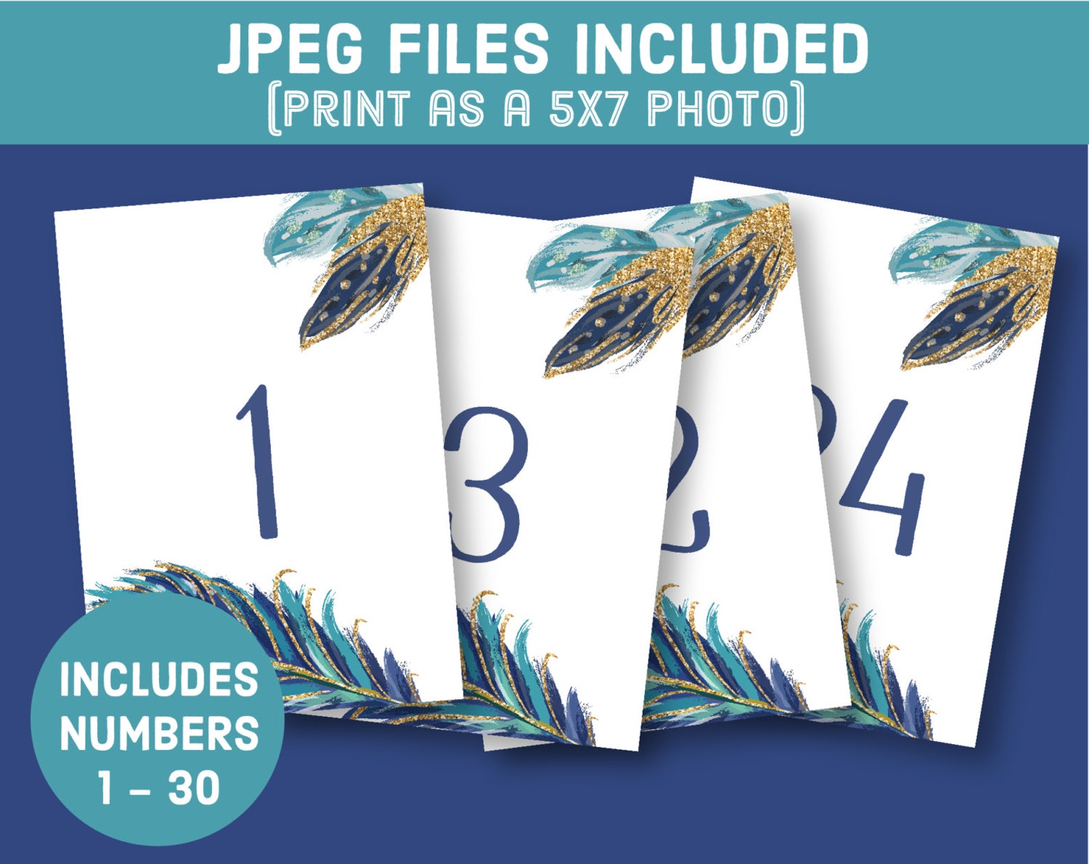 Printable Peacock Feather Wedding Table Numbers - Glitter Plume Party ...