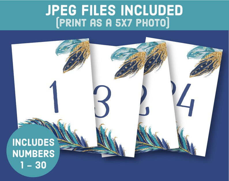 Printable Peacock Feather Wedding Table Numbers - Glitter Plume Party ...