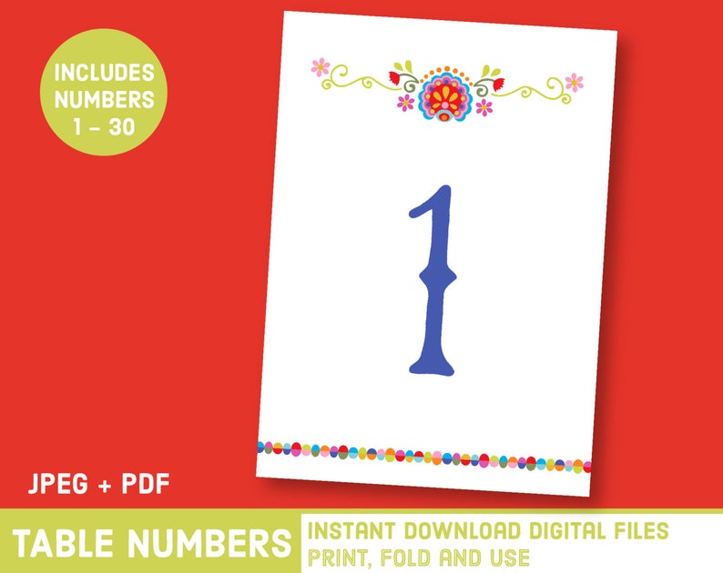 Printable Mexican Fiesta Wedding Table Numbers - Cinco De Mayo Mexico ...
