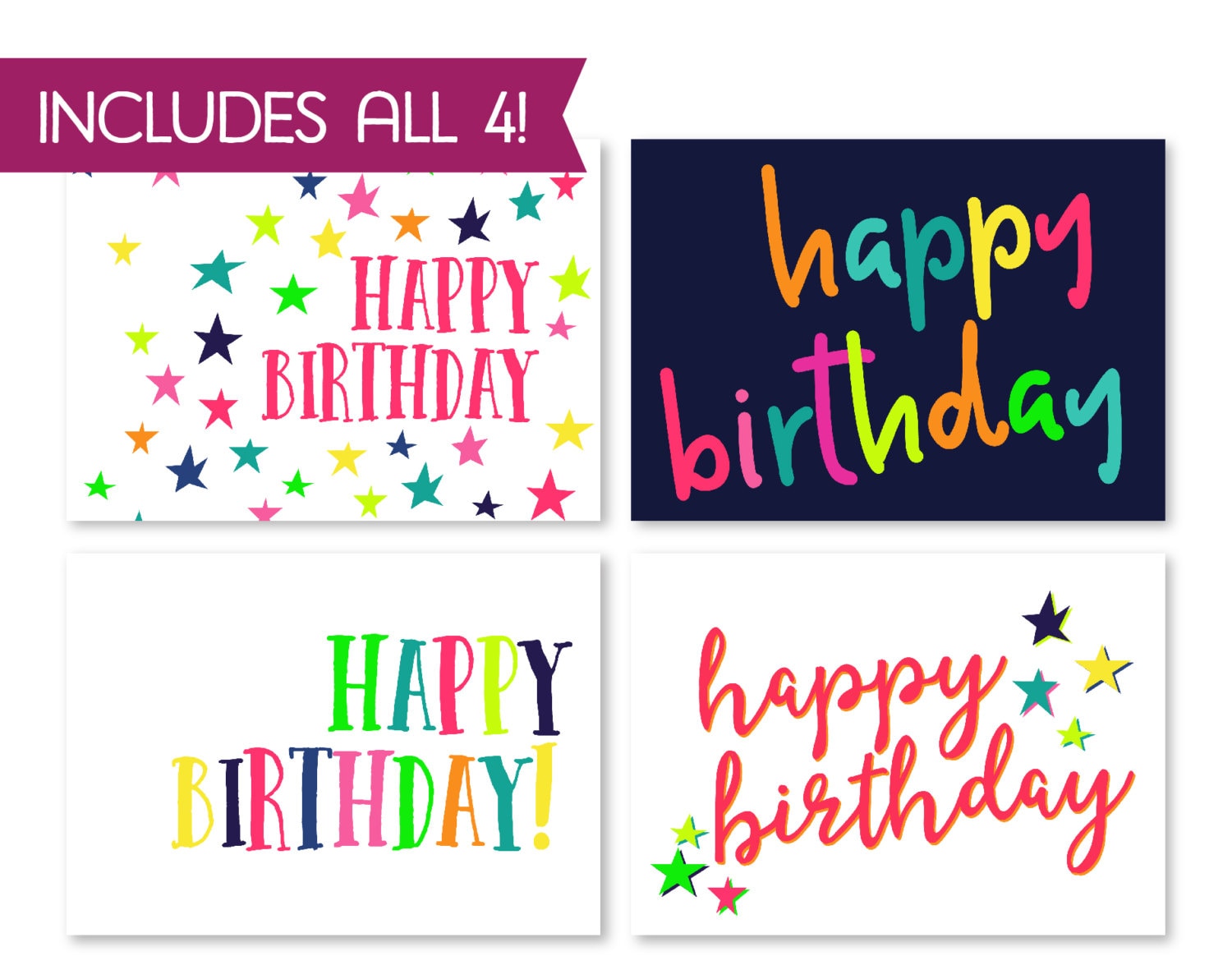 Happy Birthday Printable Card Bundle - Instant Download B-day Greeting ...
