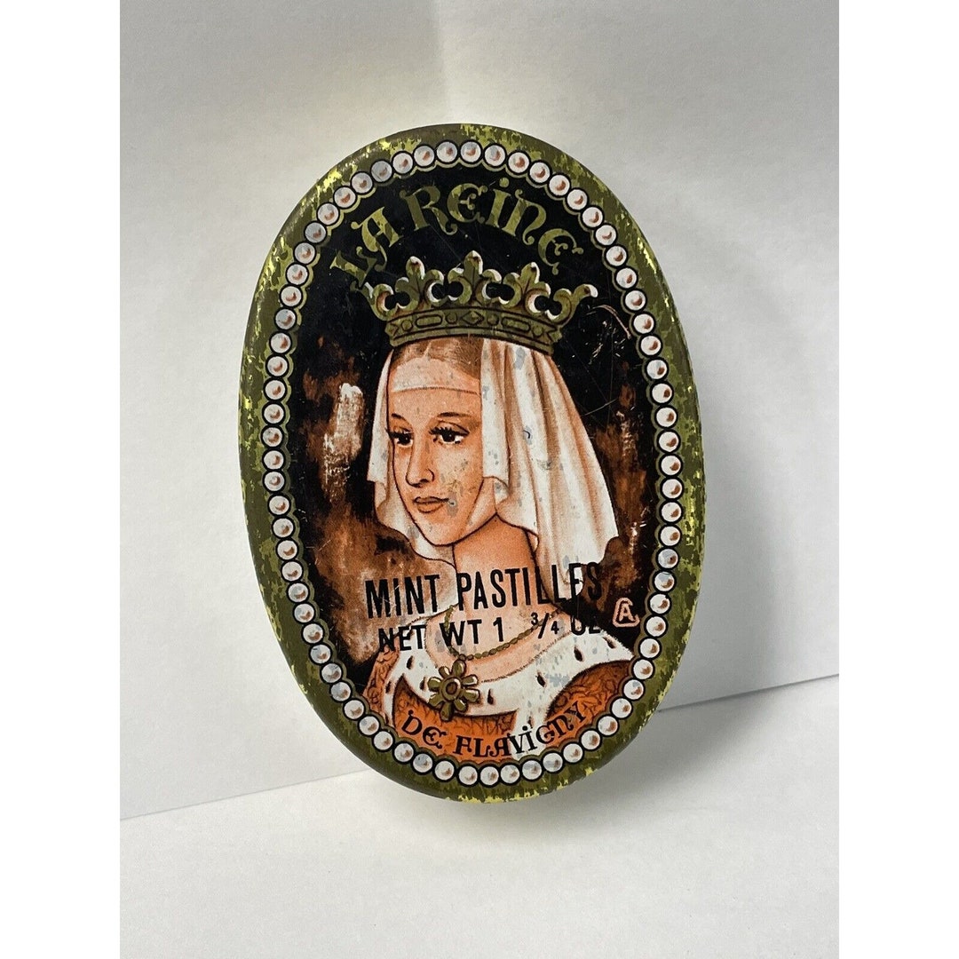 Vintage LA REINE Mint Pastille Graphic Tin Container Made in France 3. ...
