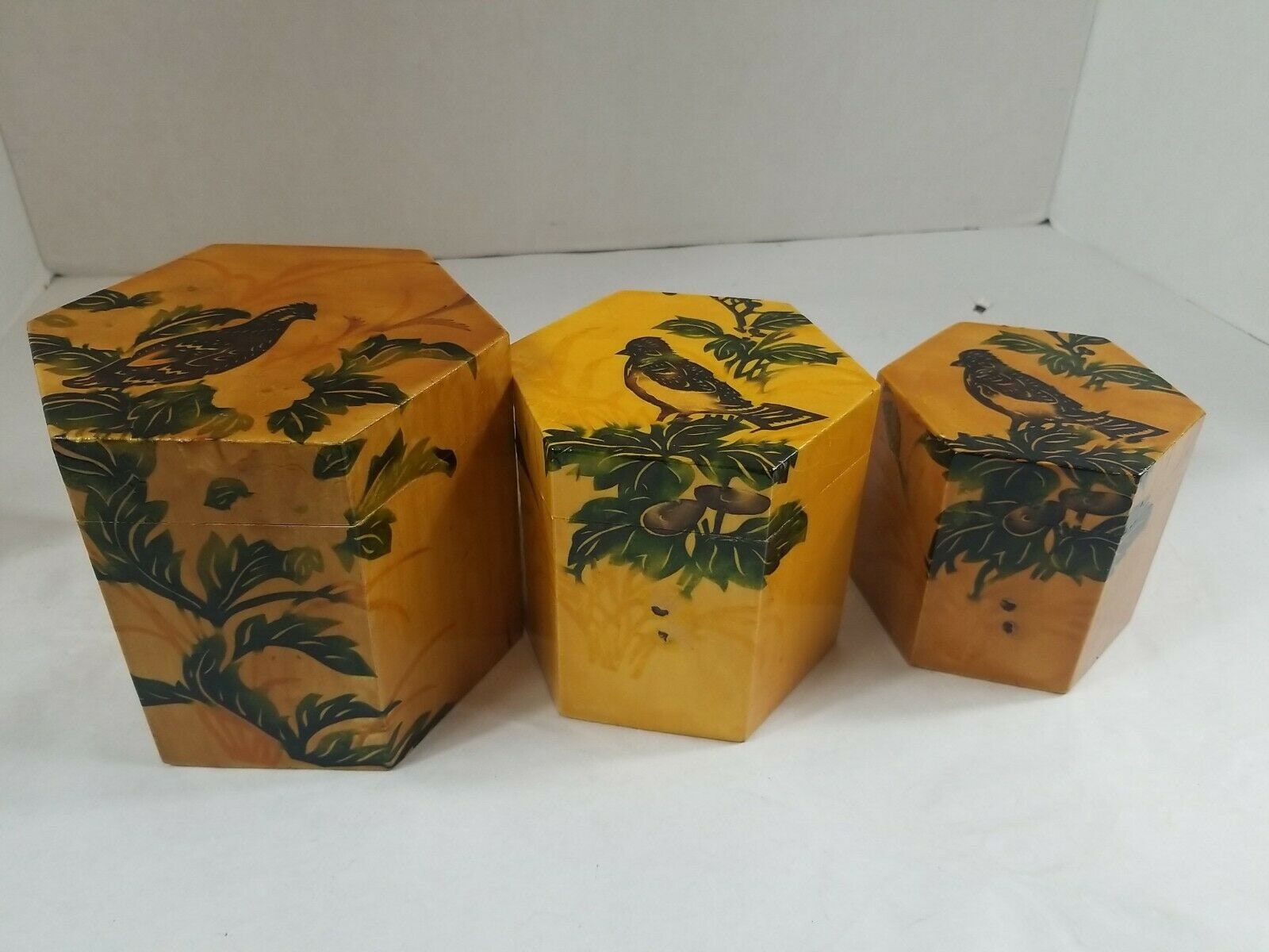 Vintage Chinese hexagon Wooden Nesting Boxes Cracked Laquer Finish Bird ...