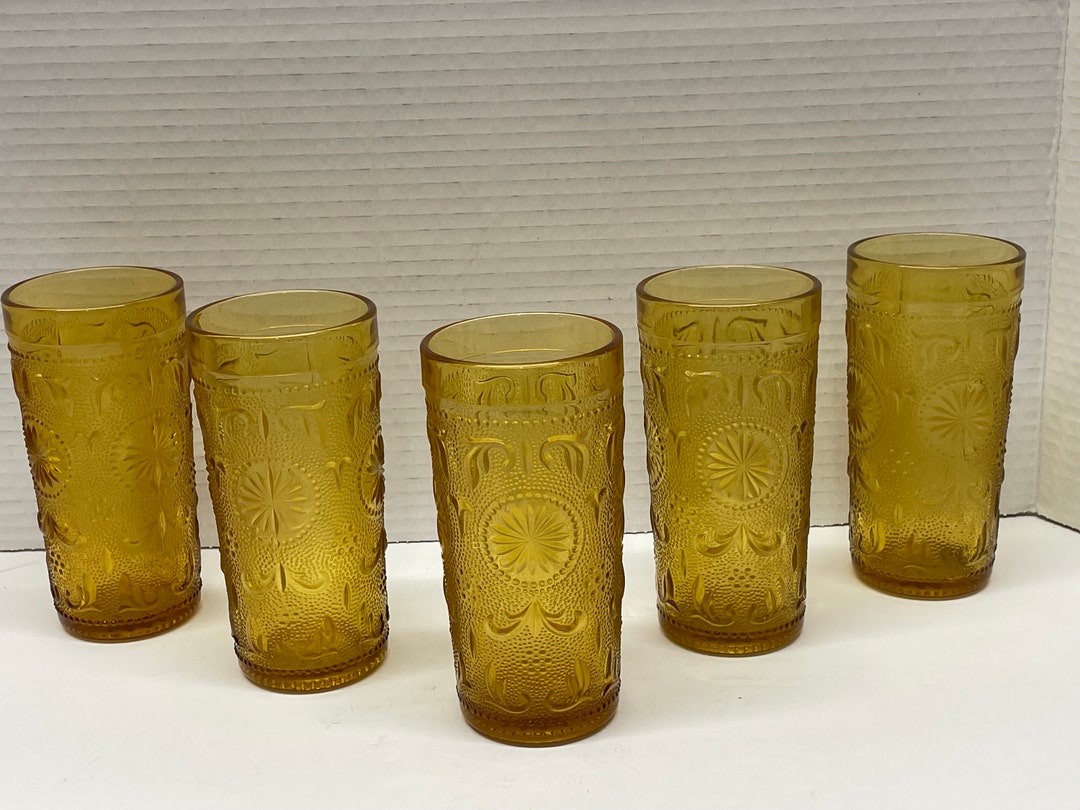 Vintage Lot Of 5 Indiana Glass Drinking Glasses Tiara Glass Amber