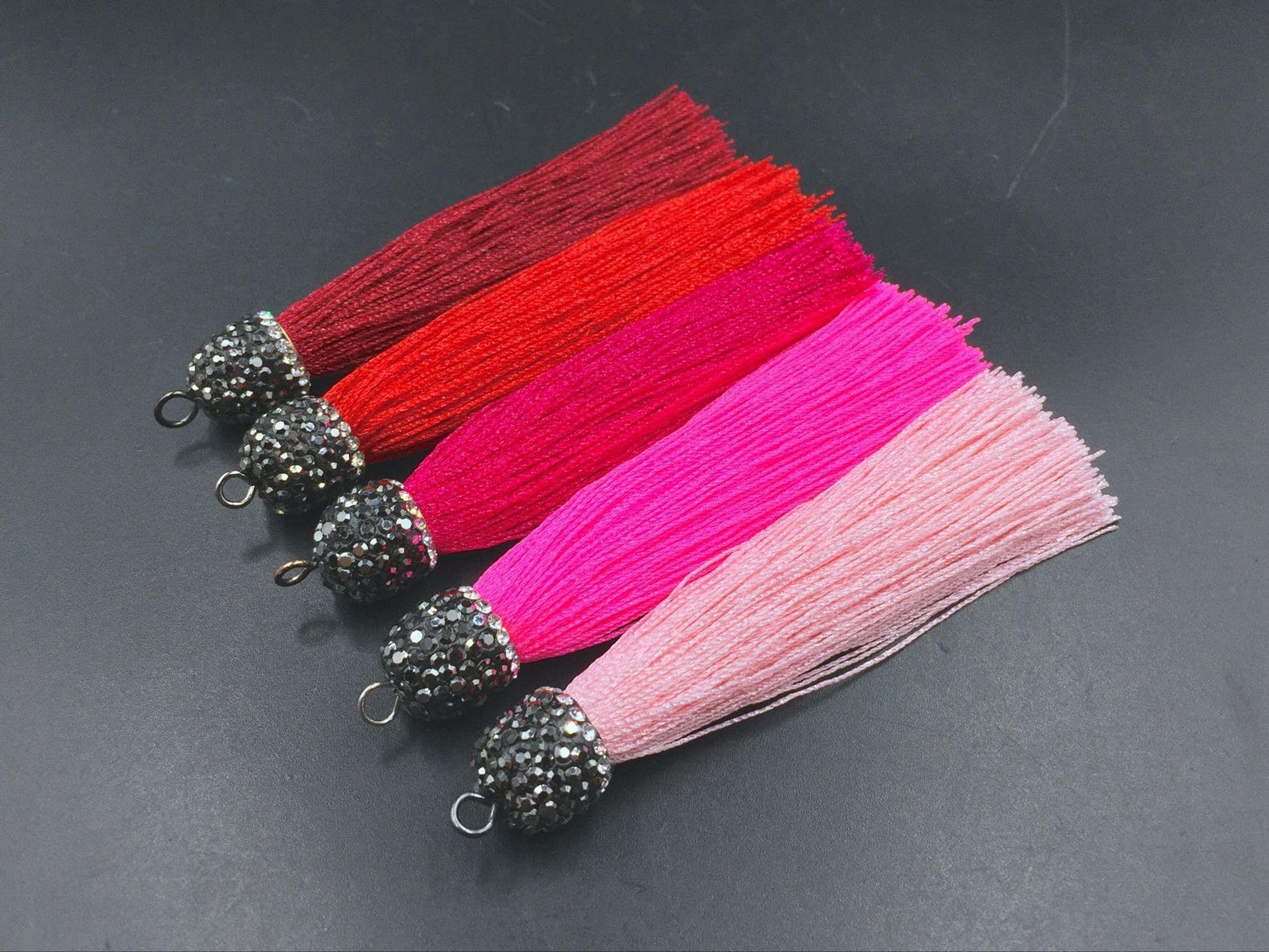 3 Long Silk Tassel Pendants Red Silk Tassels Pave Tassel - Etsy