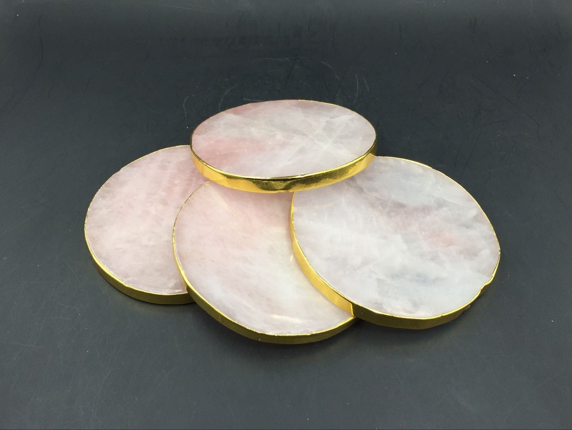 Rose Quartz Coasters Round Coaster Set Rose Quartz Slice Gold Coasters ...