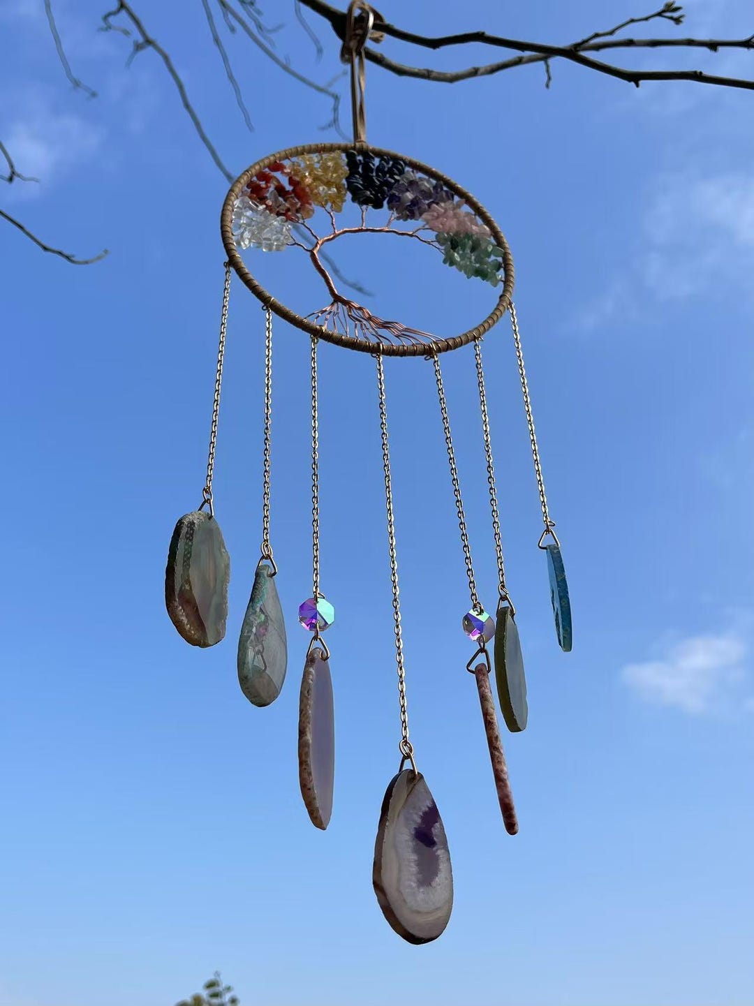 7 Chakra Tree of Life Windchime Mix Color Agate Slice Windchime Agate ...