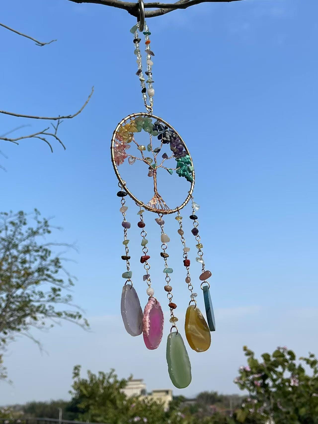 7 Chakra Tree of Life Windchime Mix Color Agate Slice Windchime Agate ...