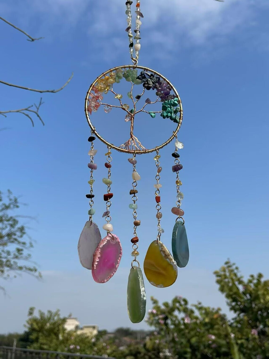 7 Chakra Tree of Life Windchime Mix Color Agate Slice Windchime Agate ...