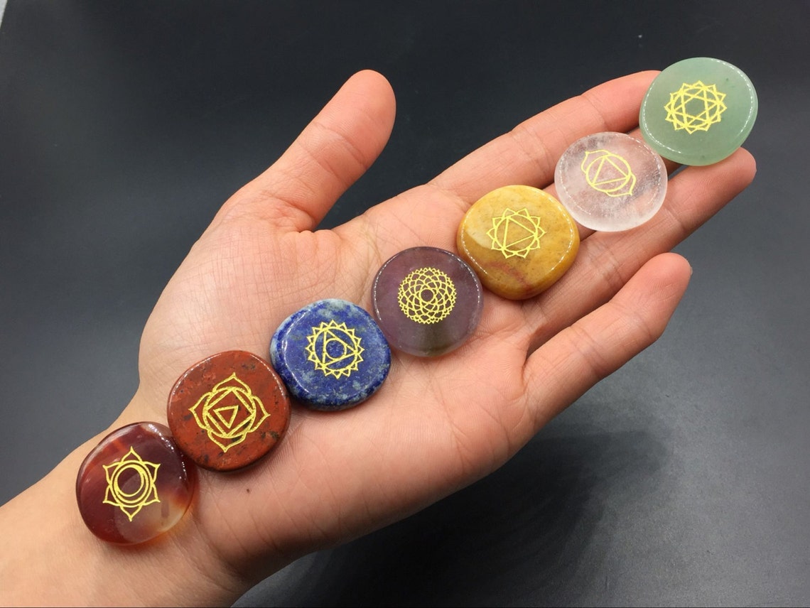 7 Chakra Set Healing Crystal Chakra Engraved Gemstone Reiki | Etsy