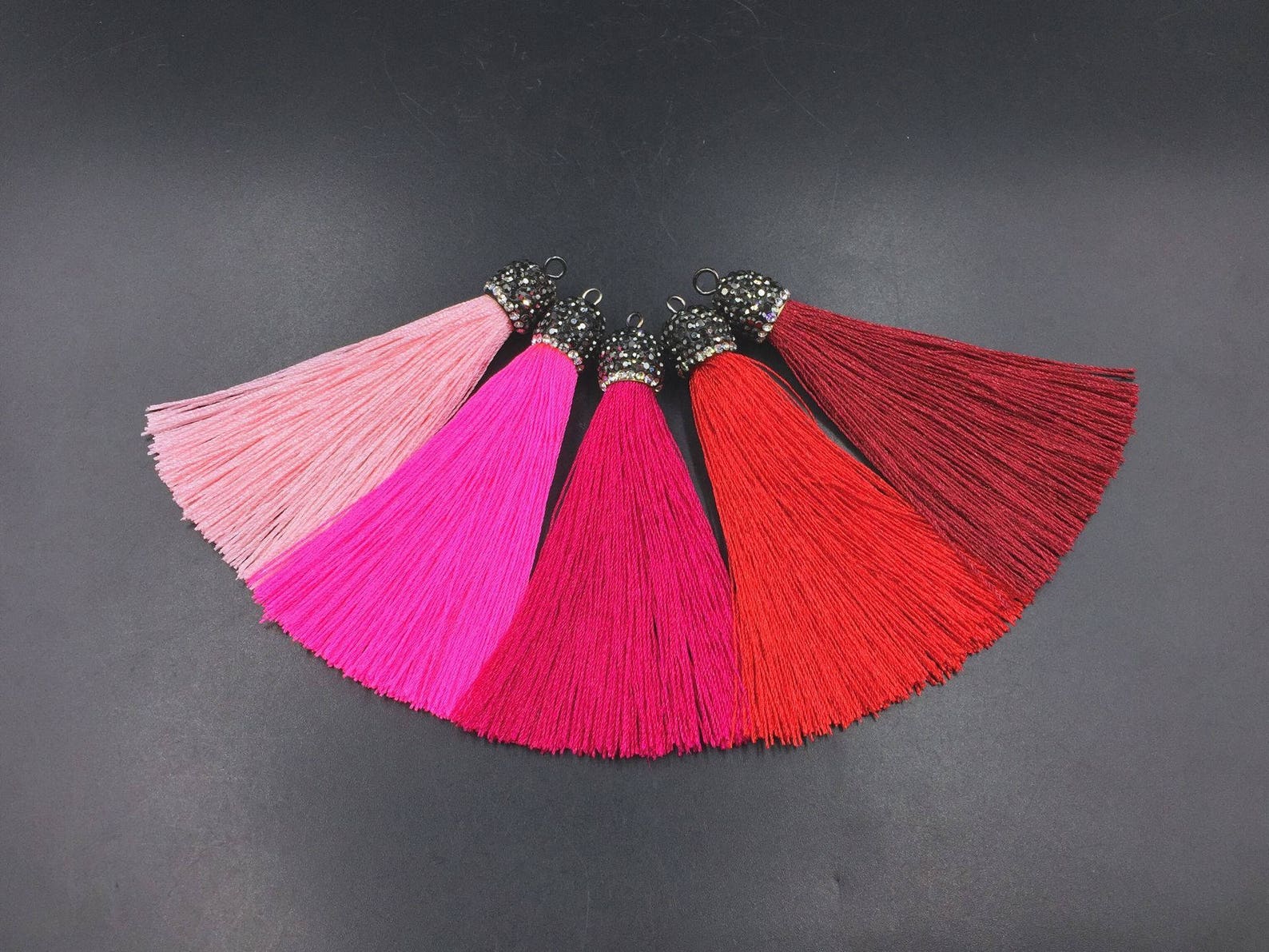 3 Long Silk Tassel Pendants Red Silk Tassels Pave Tassel - Etsy